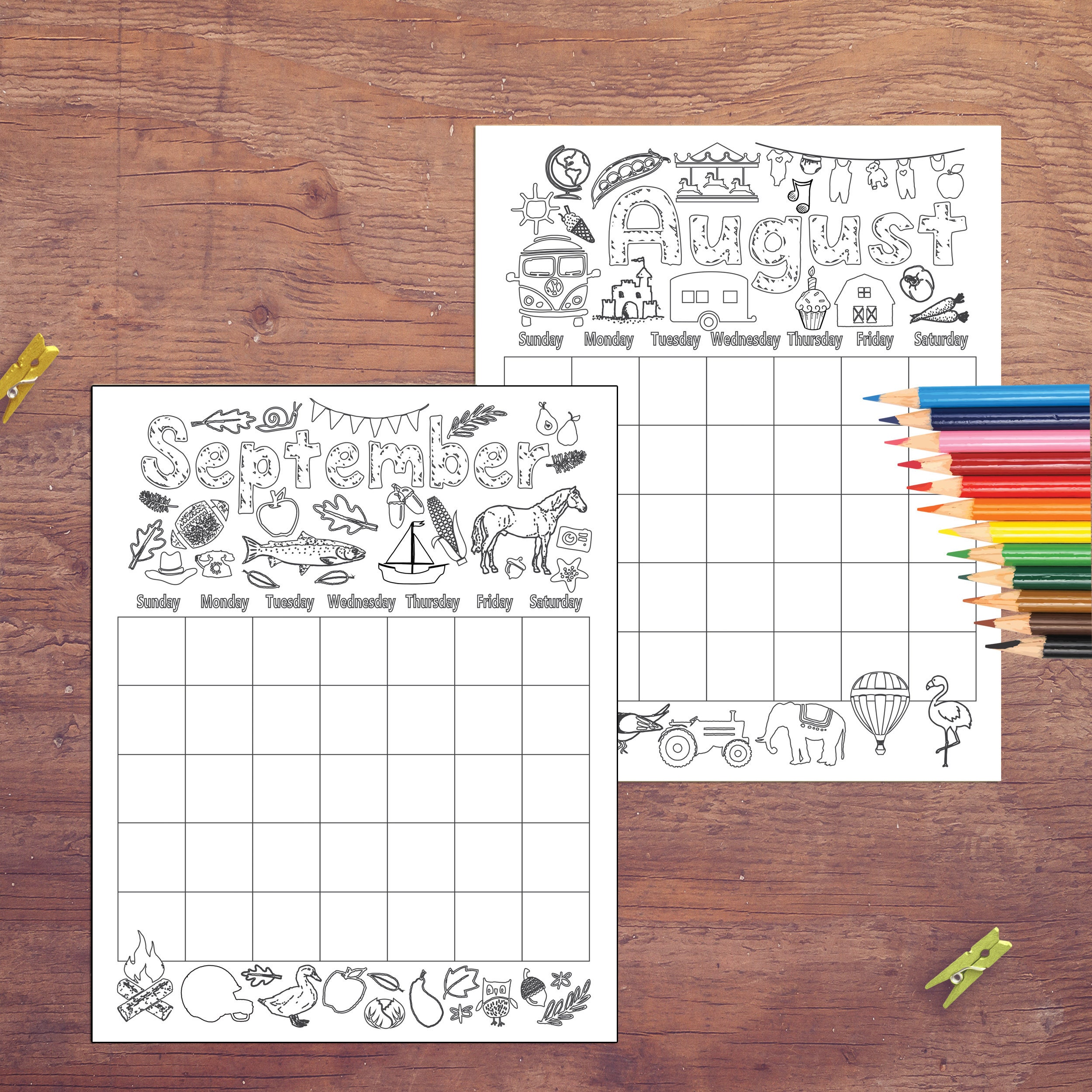 Coloring Calendar Coloring Pages Undated Printable Coloring | Etsy