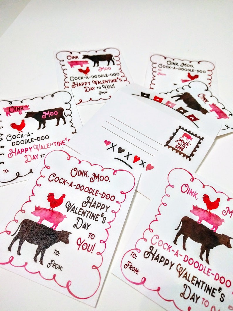 Kids Valentine Cards Farm Animals School Valentines Cow Pig Valentines ...