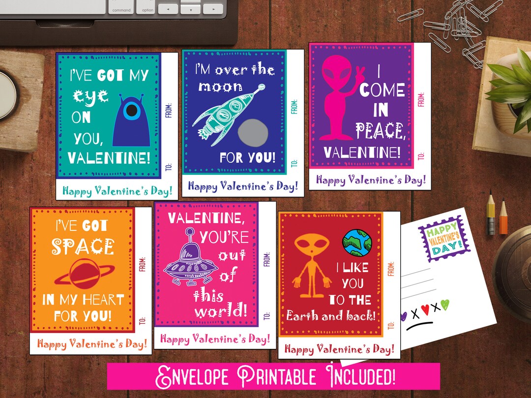 Kids Valentine Cards Aliens Outer Space Valentines for Boys Valentines ...