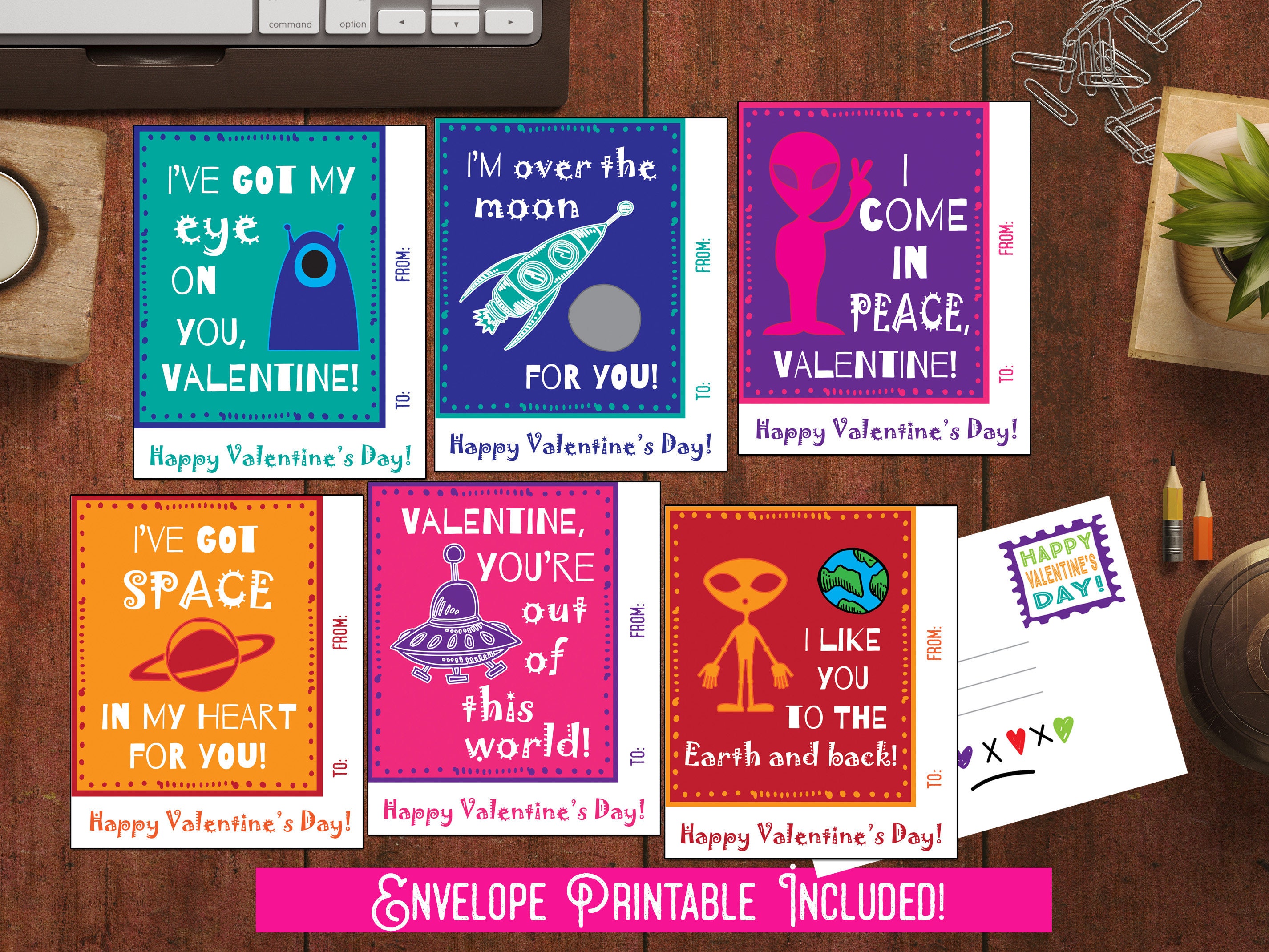 Kids Valentine Cards Aliens Outer Space Valentines for Boys Valentines ...