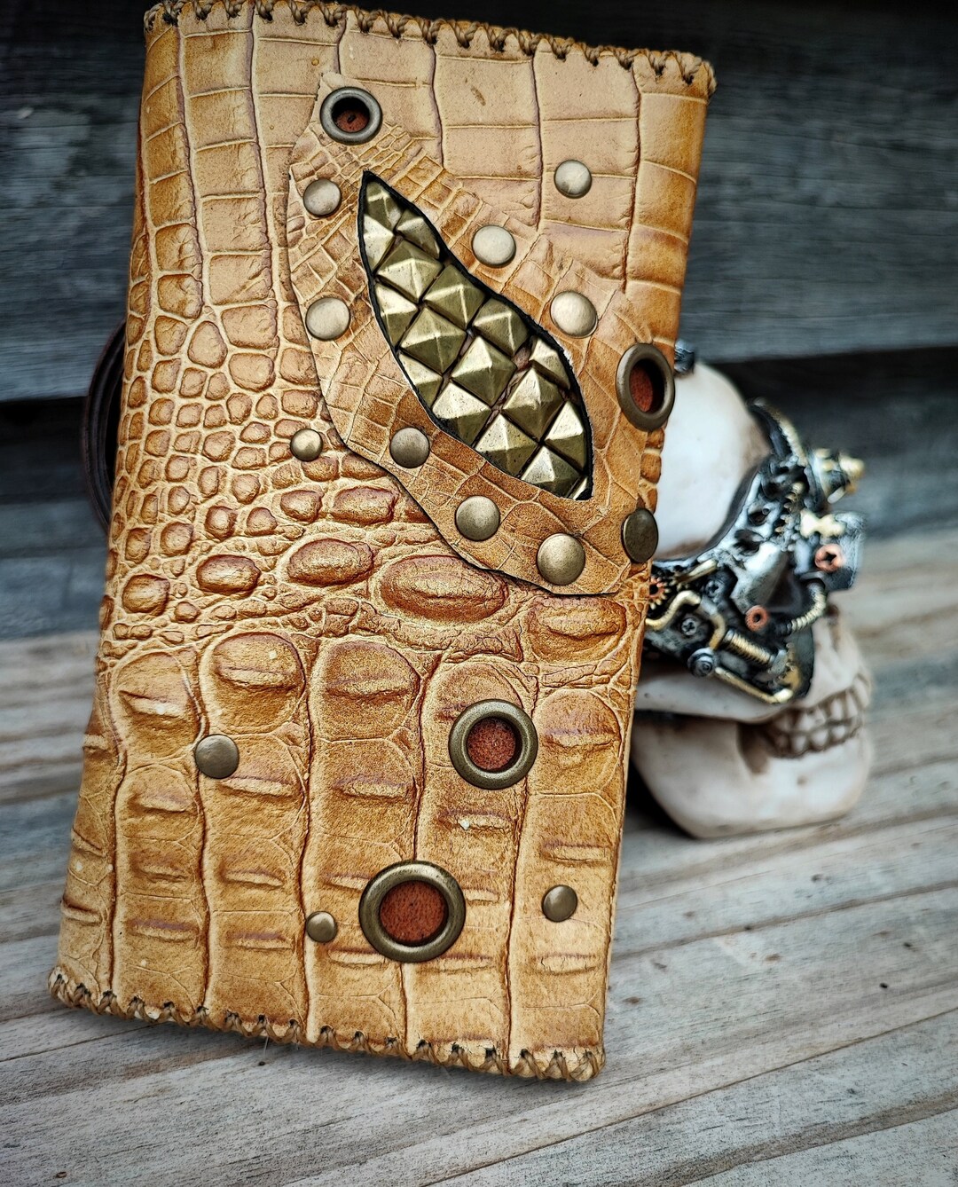 Tribal Tobacco Pouch in Beige Crocodile Textured Leather, Bronze Eyelet ...