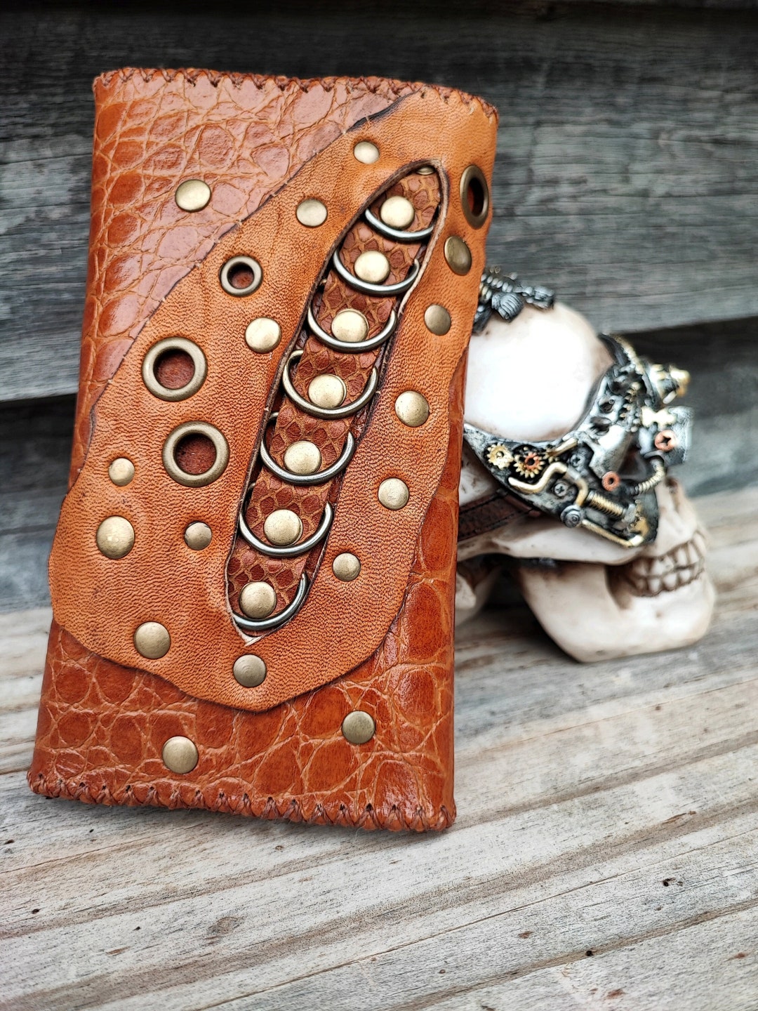 Tribal Tobacco Pouch in Camel Brown Leather, Bronze Rivets and Eyelets ...