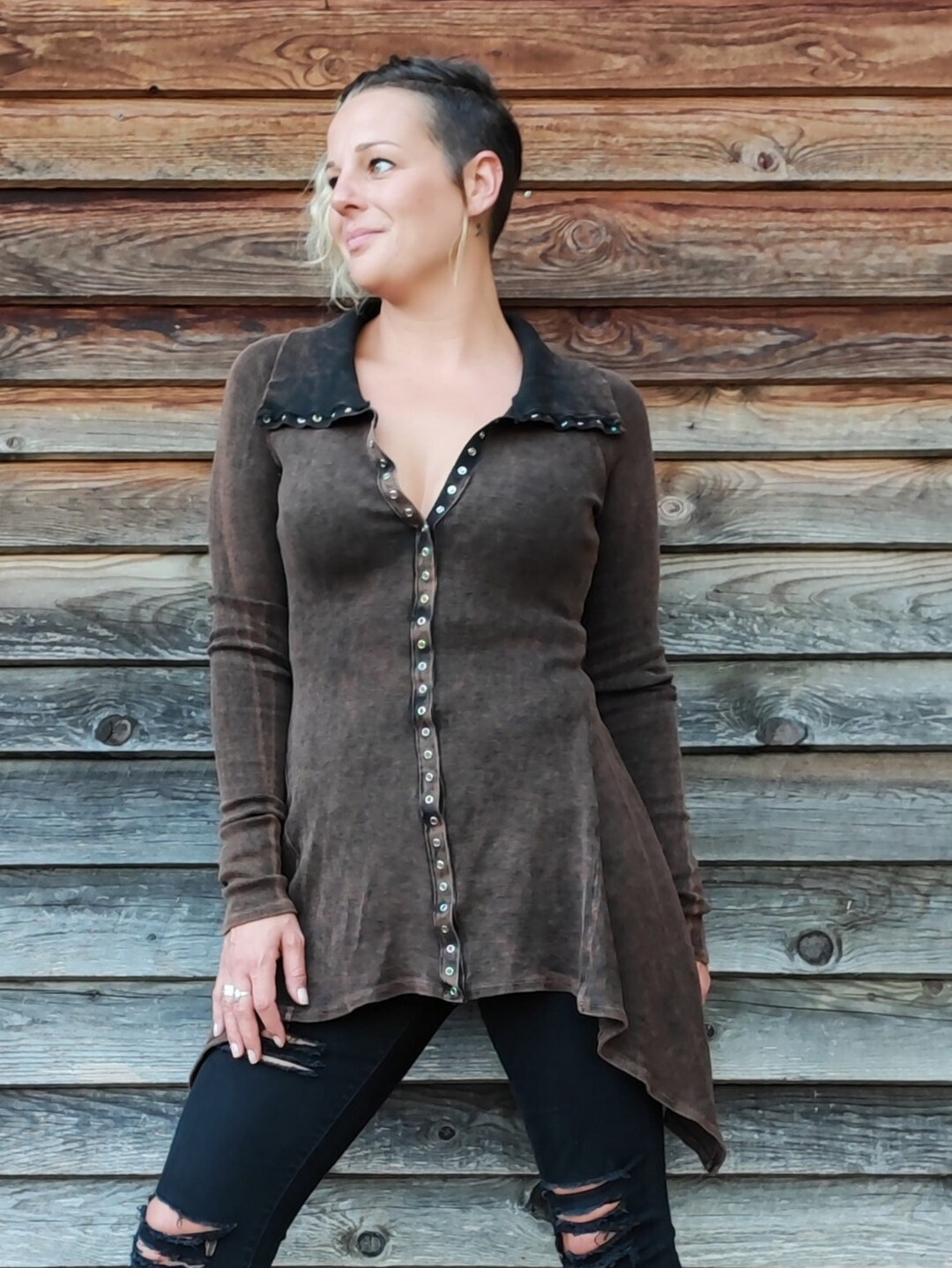 Pointed Asymmetrical Cut Thermal Jacket, High Collar, Alternative ...