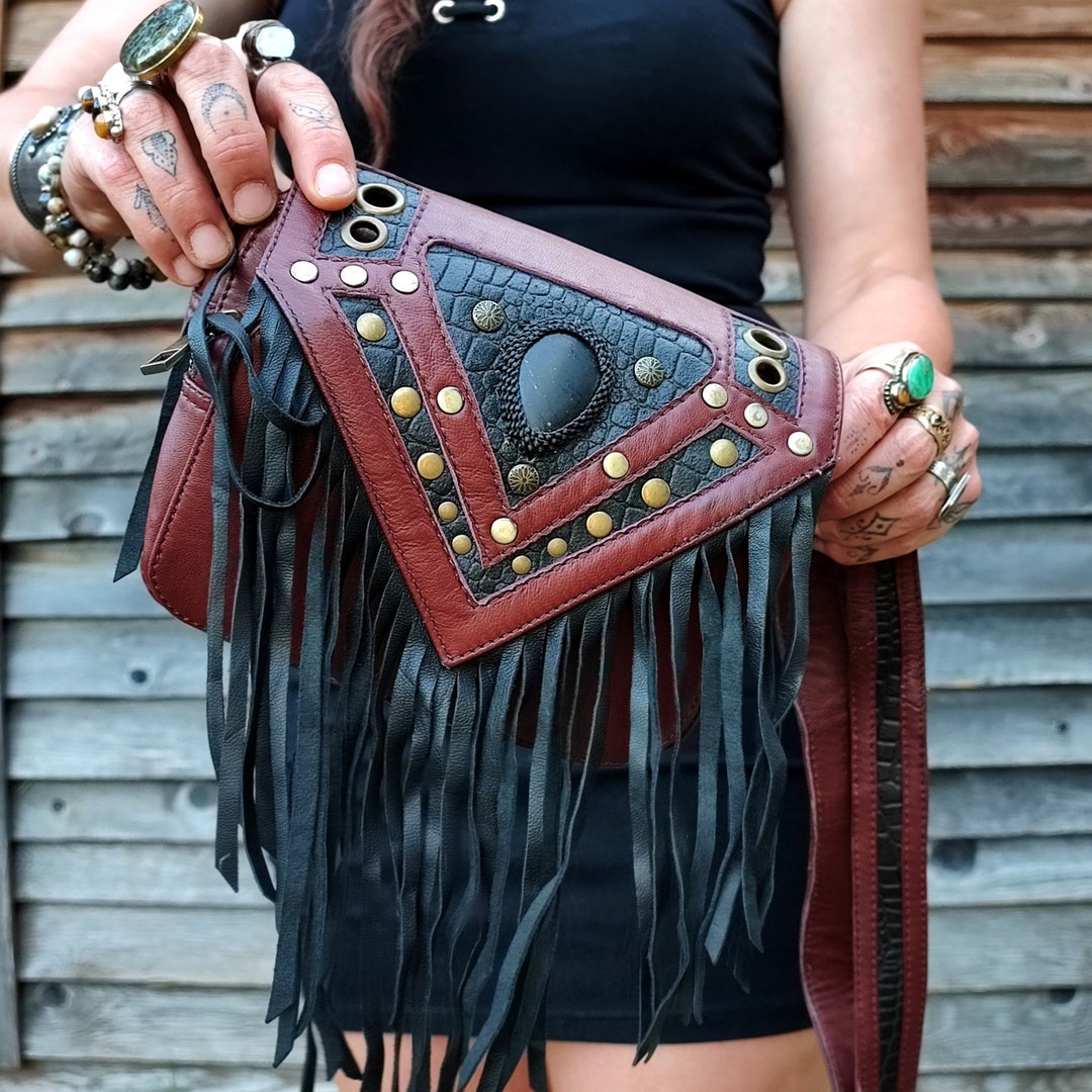 Black and Burgundy Leather Satchel Belt, Fringed Shoulder Bag, Feminine ...