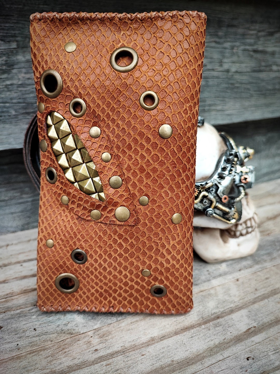 Tribal Tobacco Pouch Snake Brown Leather, Bronze Rivets and Eyelets ...