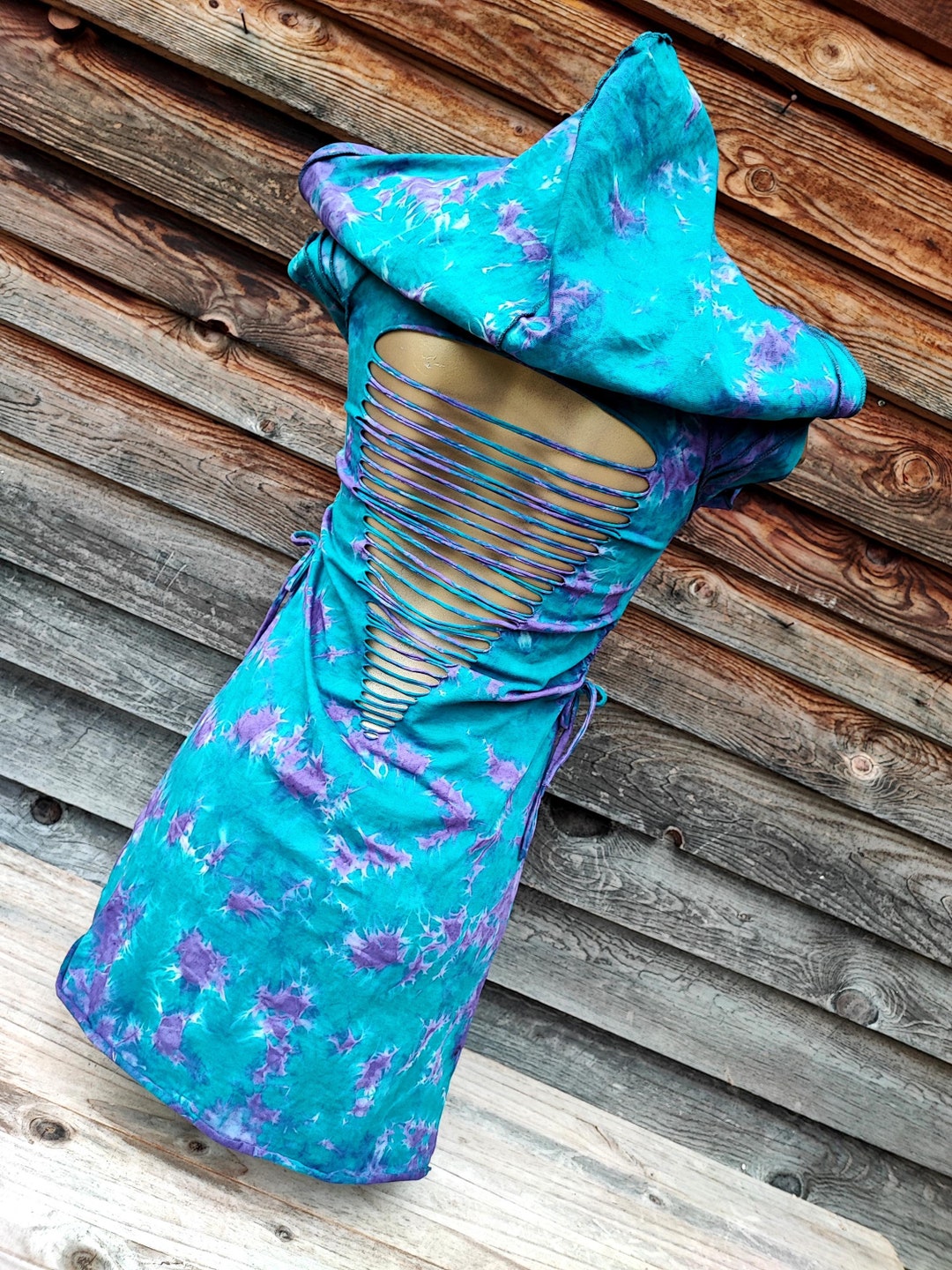Short Trapeze Dress, Large Elven Hood, Open Slashed Cutter Back, Blue ...
