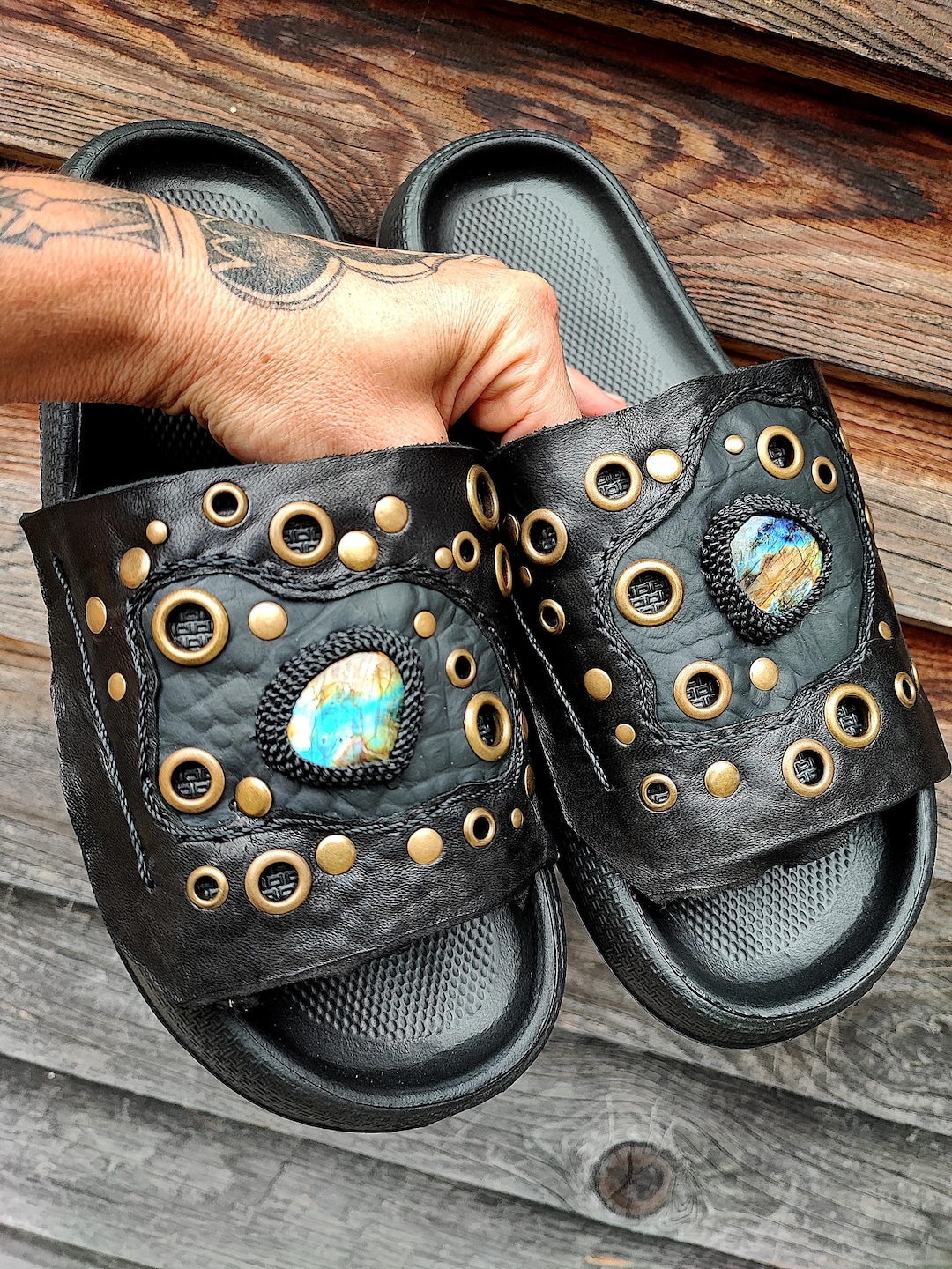 Leather and Stone Flip-flop, Summer Men's Tribal Shoes, Metal Rivets ...