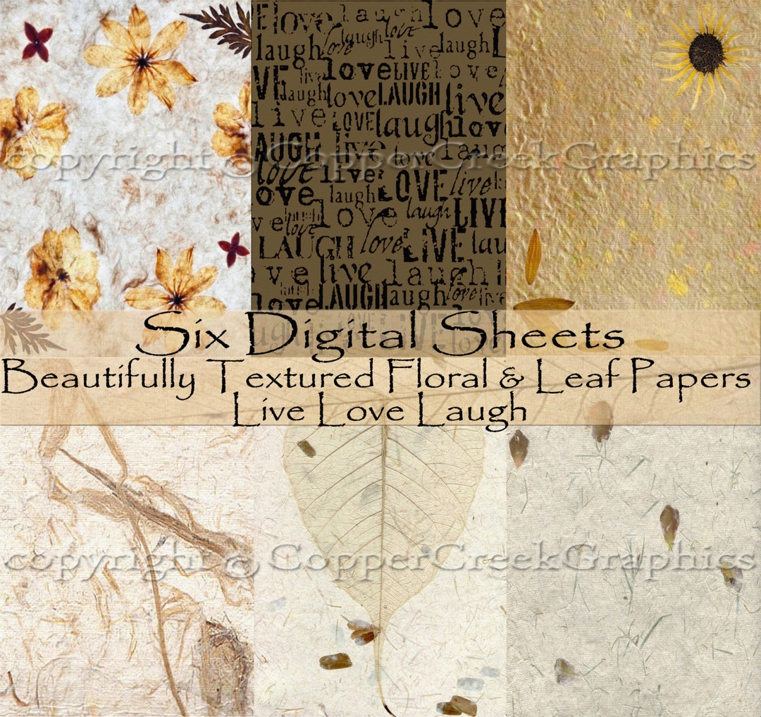 Six Digital Floral,leaf, Live Love Laugh, Beautifully Textured Papers ...