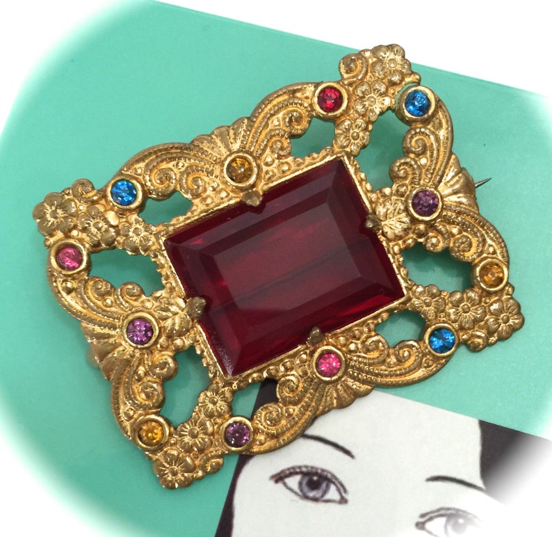 Art Deco Era Brooch Ornate Embossing Gold Tone Metal Setting - Etsy
