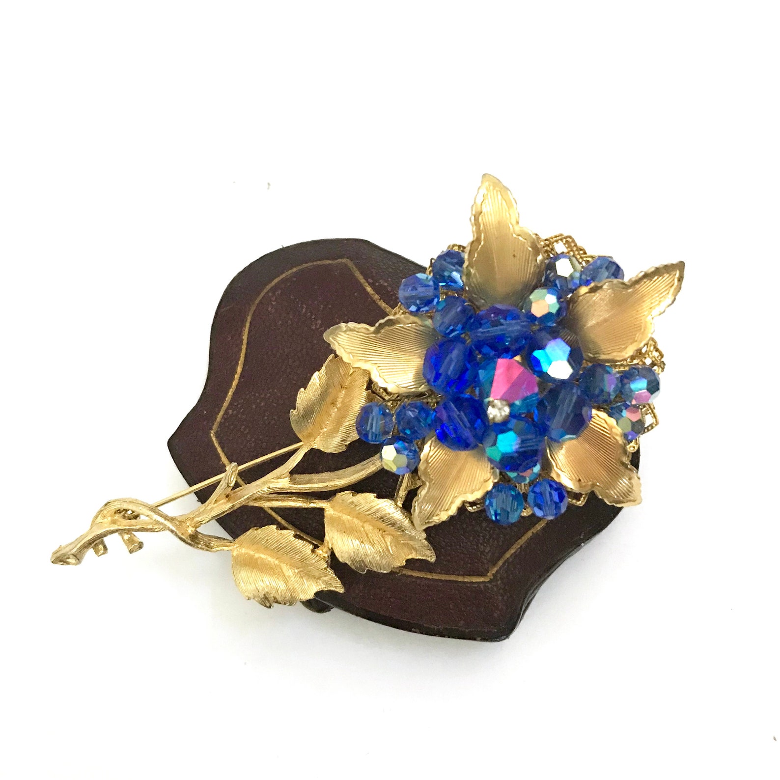 Huge Blue Flower Brooch Textured Gold Tone Vitrail Blue | Etsy