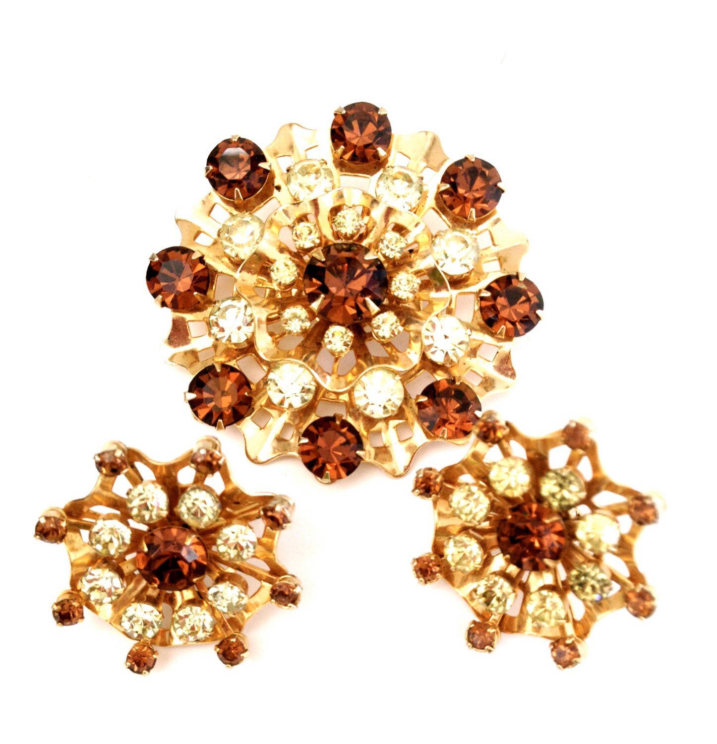 Brown Jonquil/Yellow Rhinestone Demi Brooch & Earring Set | Etsy