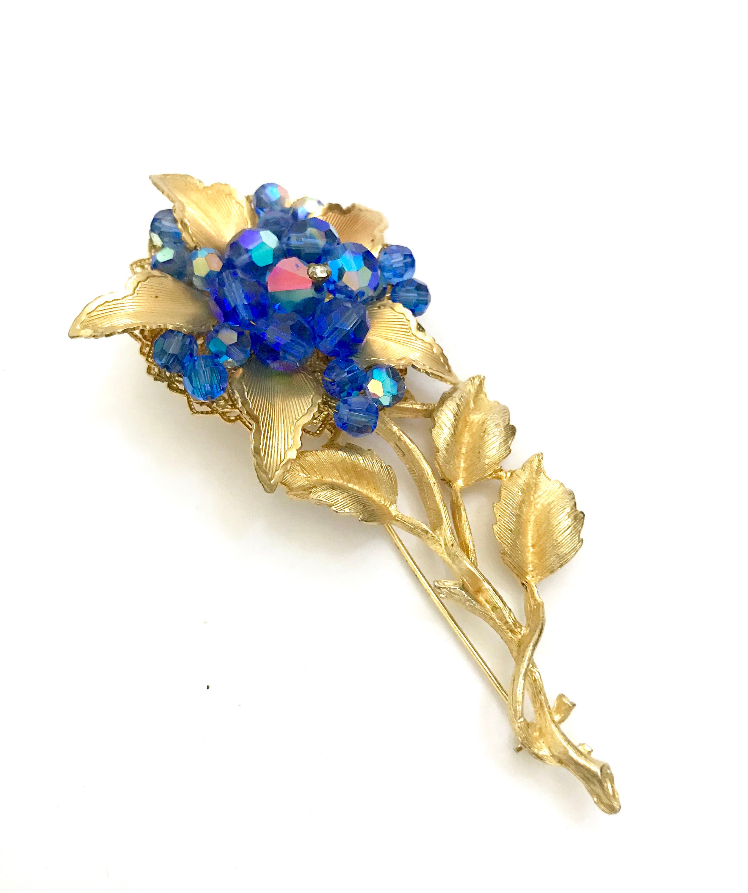 Huge Blue Flower Brooch Textured Gold Tone Vitrail Blue | Etsy