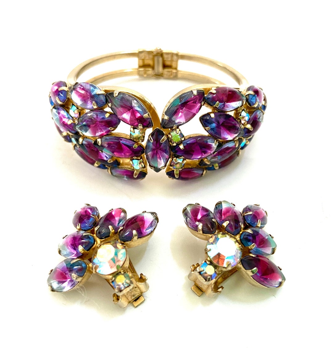 Juliana Purple And Blue Givre Rhinestone Demi Hinged Bangle And Earring