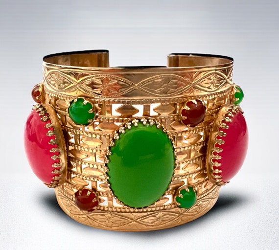 Wide Embellished Cuff Raised Multi-Color Oval Glass C… - Gem