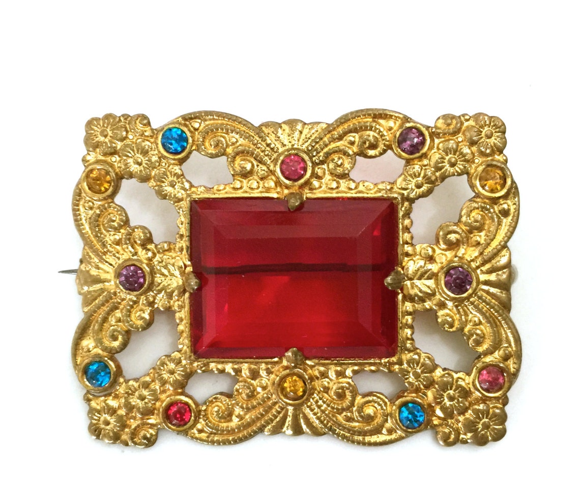 Art Deco Era Brooch Ornate Embossing Gold Tone Metal Setting - Etsy