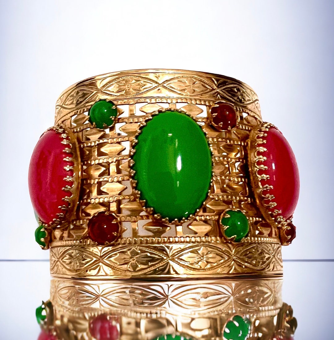 Wide Embellished Cuff Raised Multi-color Oval Glass Cabs Robins Eye ...