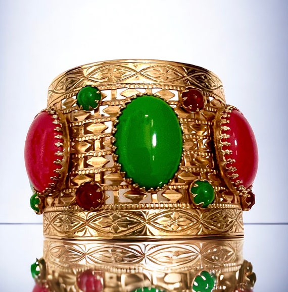 Wide Embellished Cuff Raised Multi-Color Oval Glass C… - Gem