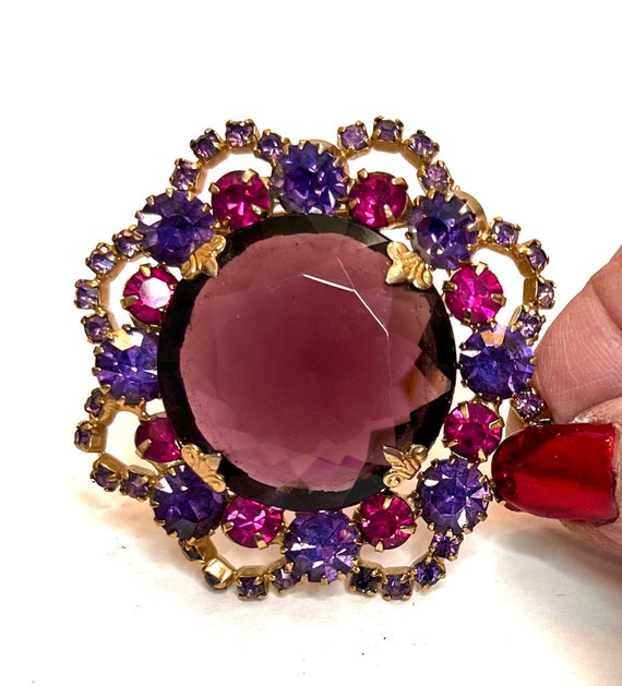 Purple and Pink Fuchsia Rhinestone Brooch Huge Facete… - Gem