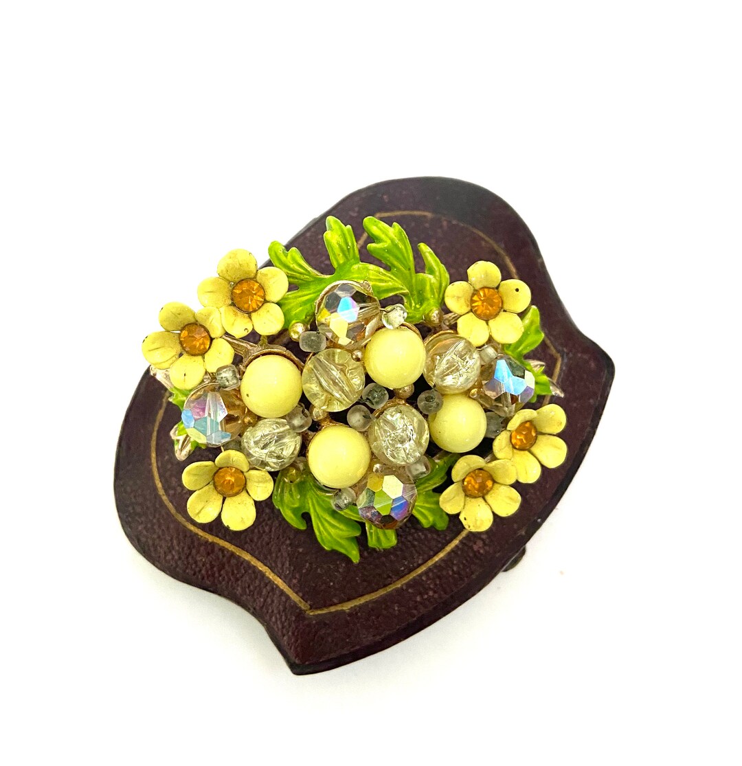 Signed Selini Floral Brooch Enameled Flowers Leaves Crystals Art Glass ...