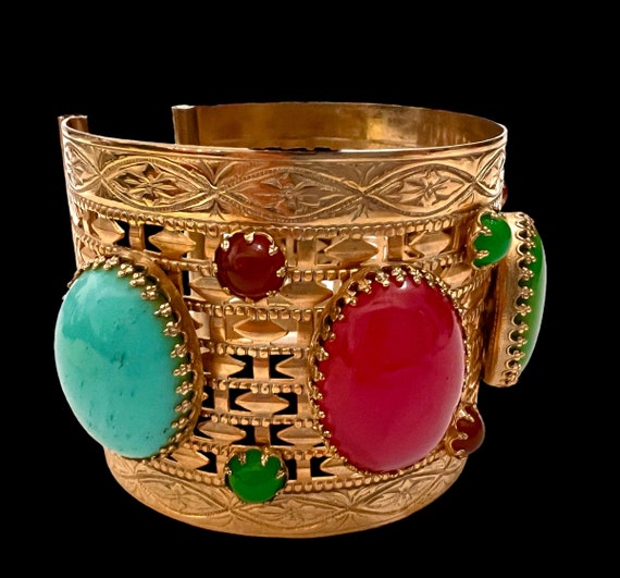 Wide Embellished Cuff Raised Multi-Color Oval Glass C… - Gem