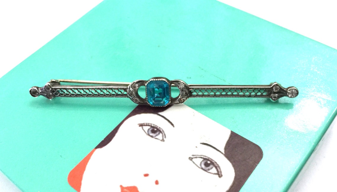 Art Deco Sterling Silver Bar Brooch Emerald Cut Blue Center - Etsy