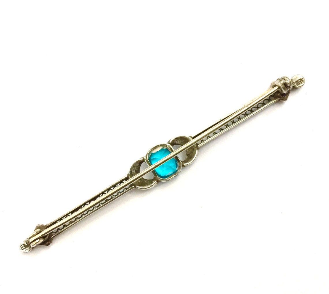 Art Deco Sterling Silver Bar Brooch Emerald Cut Blue Center - Etsy