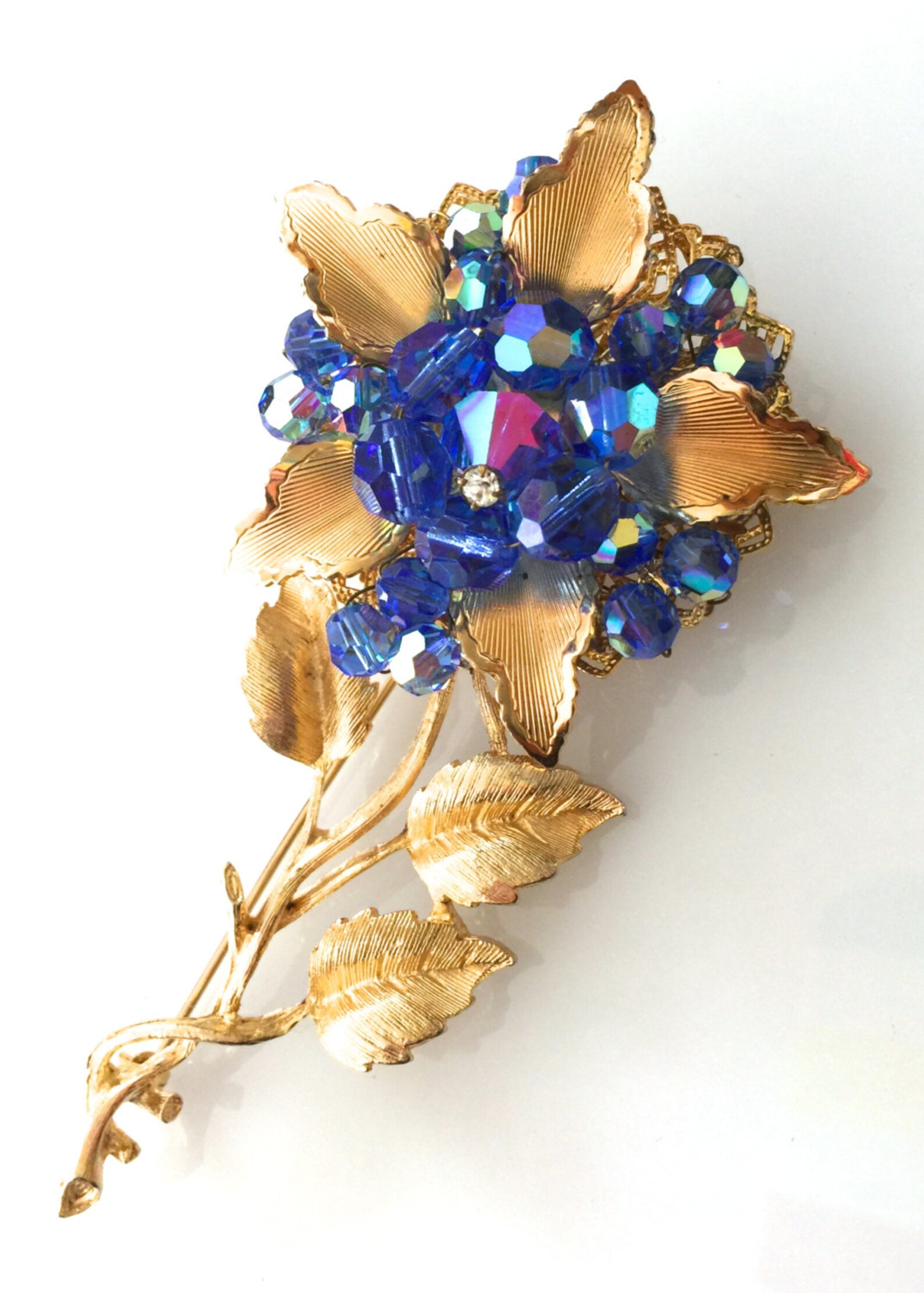 Huge Blue Flower Brooch Textured Gold Tone Vitrail Blue - Etsy