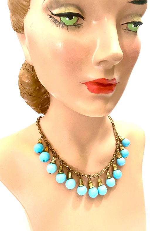 Art Deco Robin Egg Blue Czech Glass Dangle Necklace B… Gem