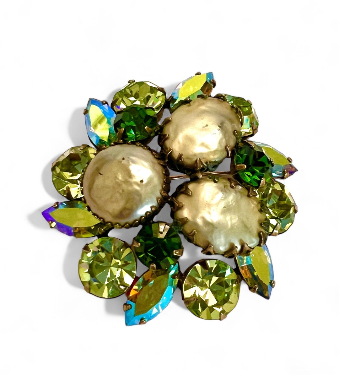 Signed Regency Shades of Green Brooch Faux Baroque Pearls Gold Tone ...