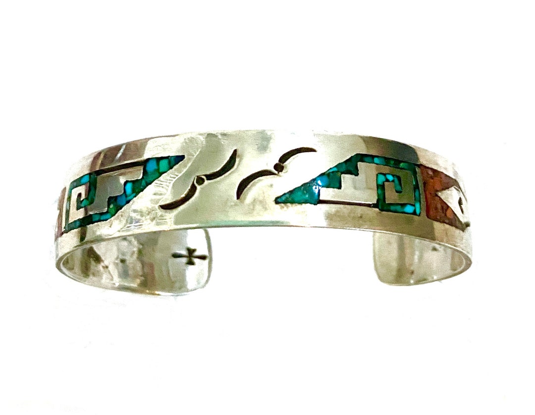 Navajo Sterling Silver Cuff Inlayed Traditional Symbols Mosaic Crushed ...