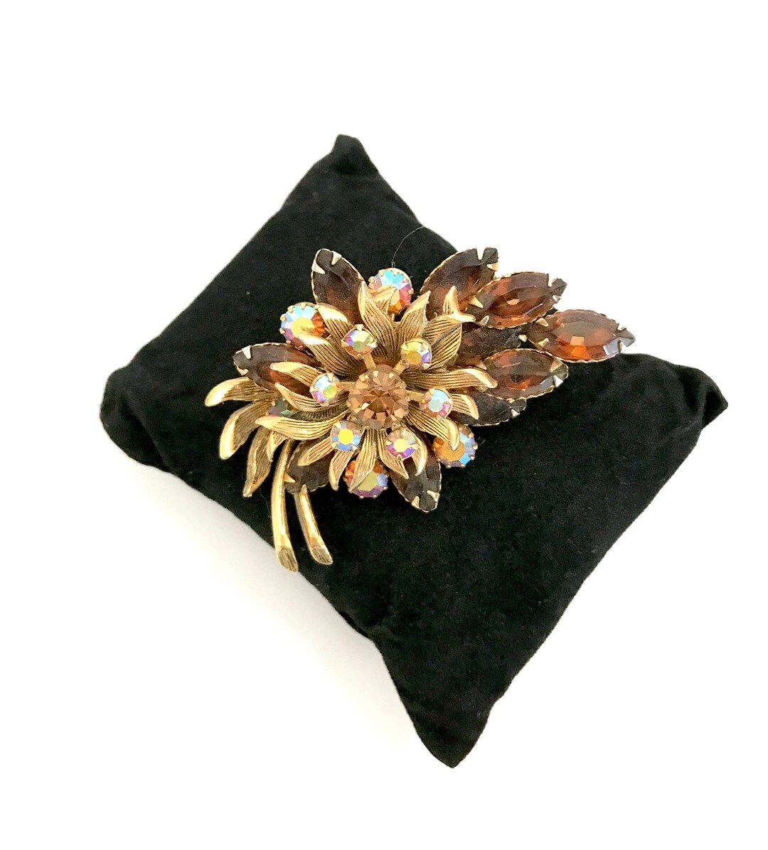 Selini Amber & Aurora Borealis Rhinestone Brooch, Large Floral Spray ...