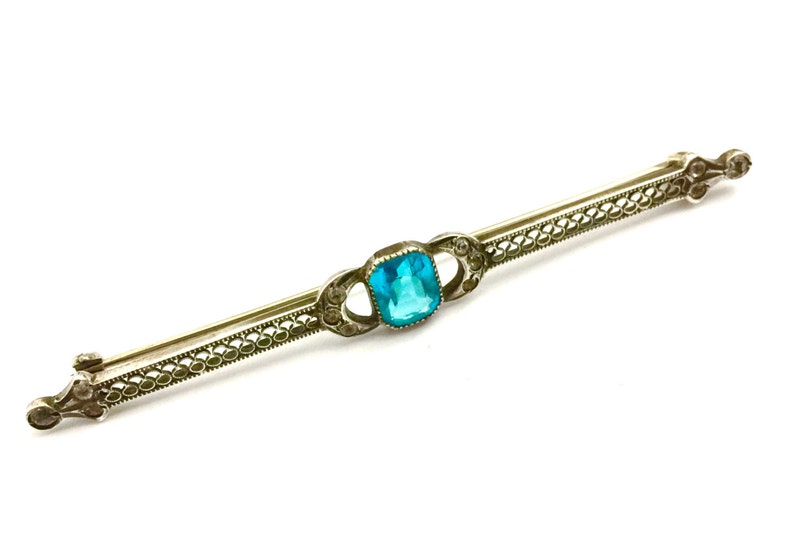 Art Deco Sterling Silver Bar Brooch Emerald Cut Blue Center - Etsy