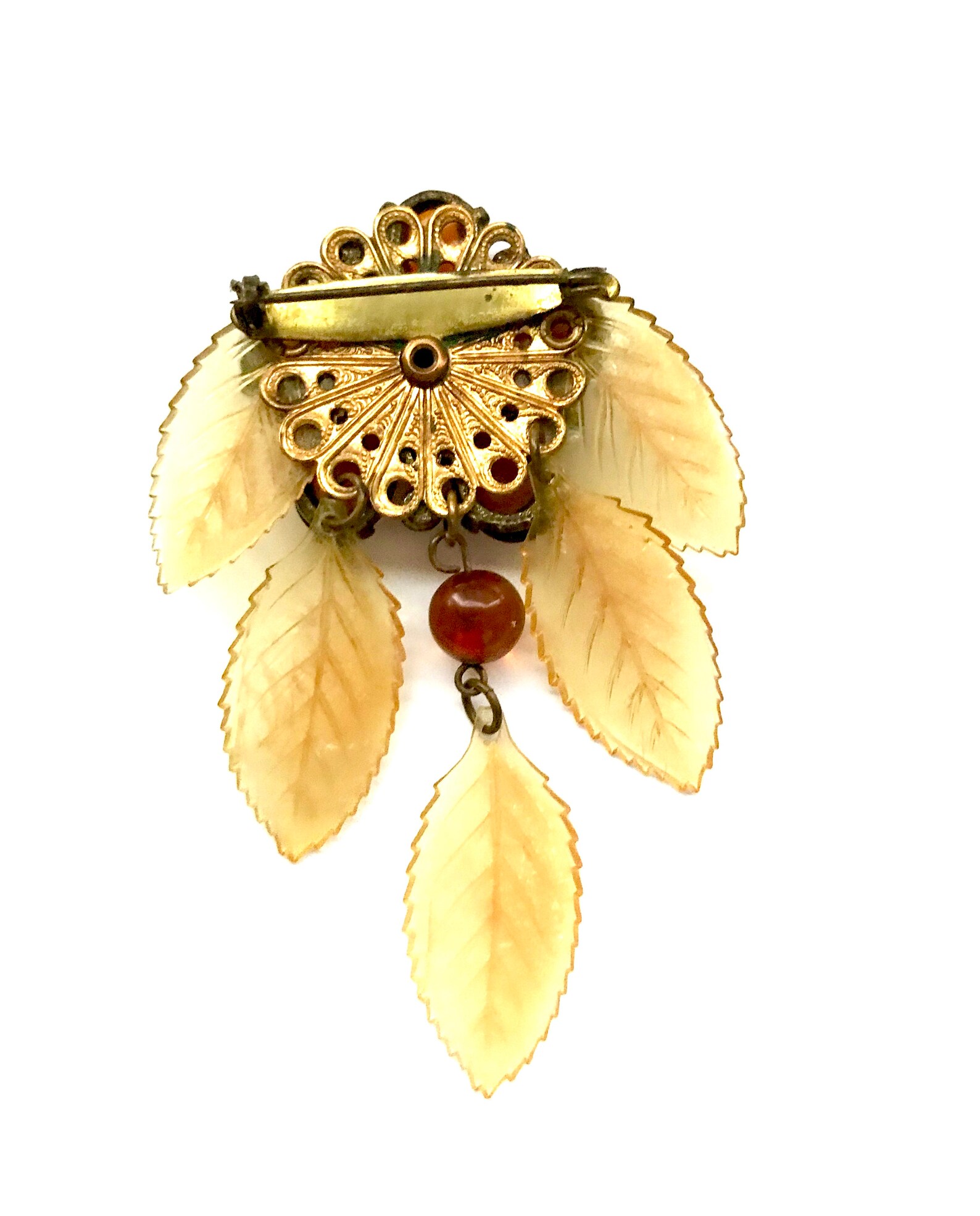 Celluloid Floral Dangle Brooch Glass Cabs & Rhinestones Amber | Etsy