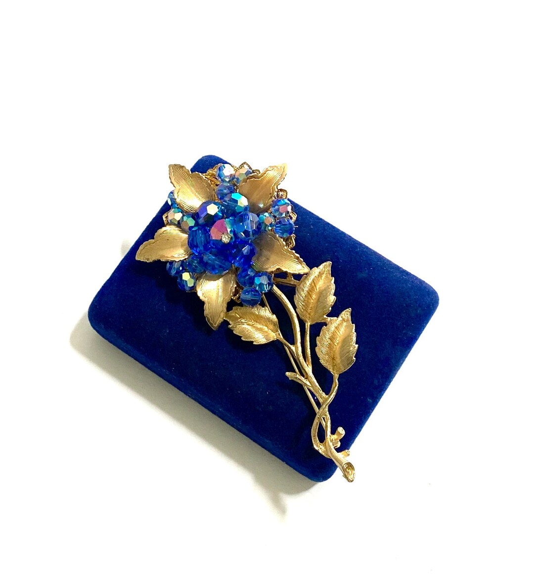 Huge Blue Flower Brooch, Textured Gold Tone, Vitrail Blue Crystals, 3 ...