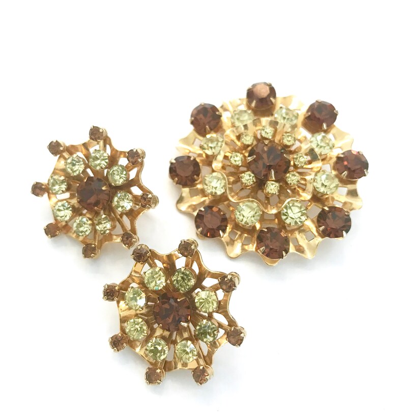 Brown Jonquil/yellow Rhinestone Demi Brooch & Earring Set - Etsy