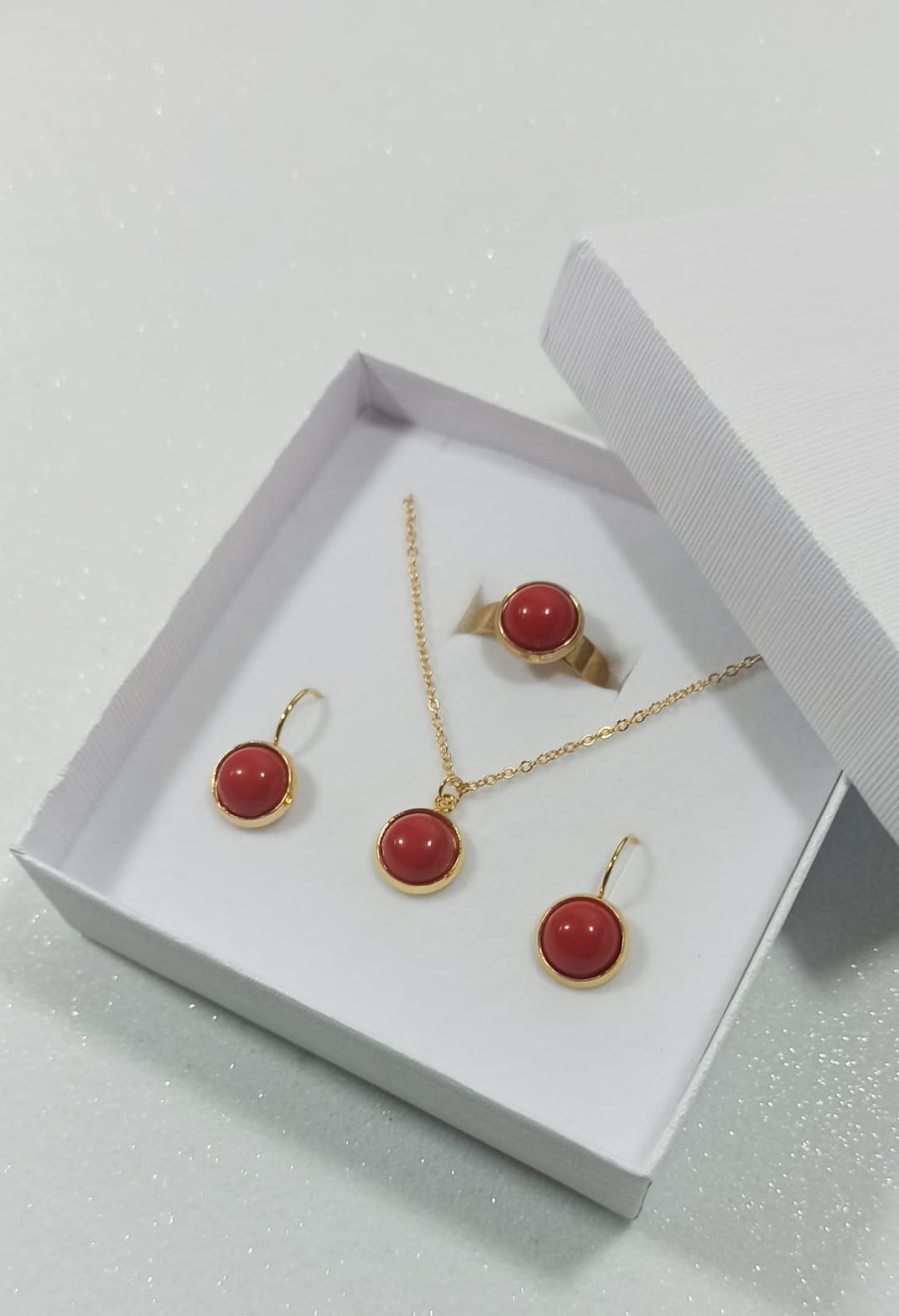 Red Gold Jewelry Set, Red Coral Earrings, Necklace and Ring - Etsy