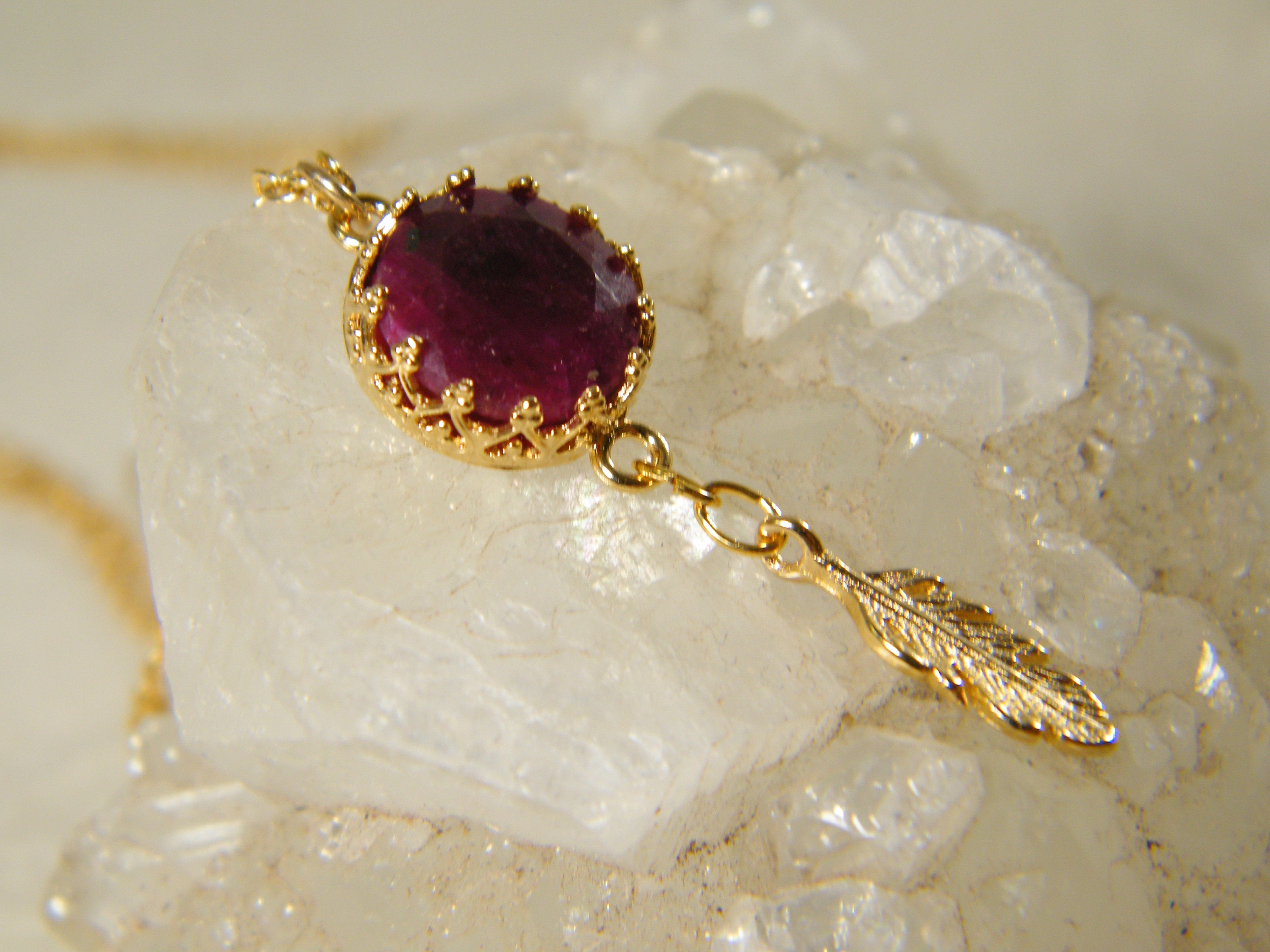 Ruby Necklace, Gold Filled Necklace, Feather Necklace, Gem Stone ...