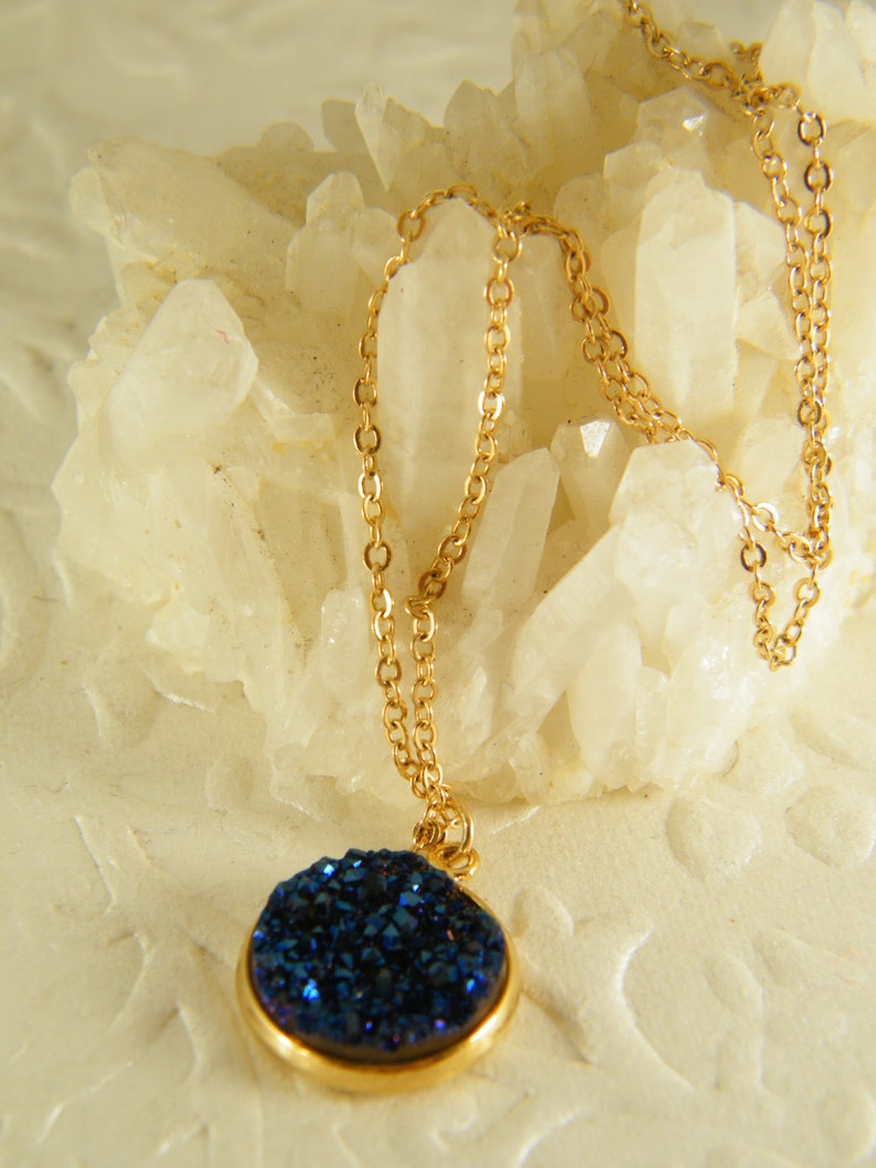 Druzy Gold Necklace Blue Stone Pendant 14 K Gold Filled - Etsy