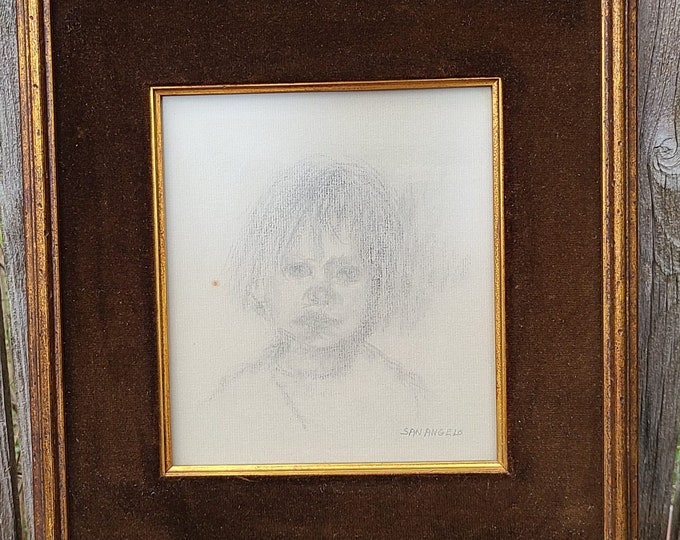 Vintage Pencil Sketch Drawing of Child " SAN Angelo" Wood and Velvet ...
