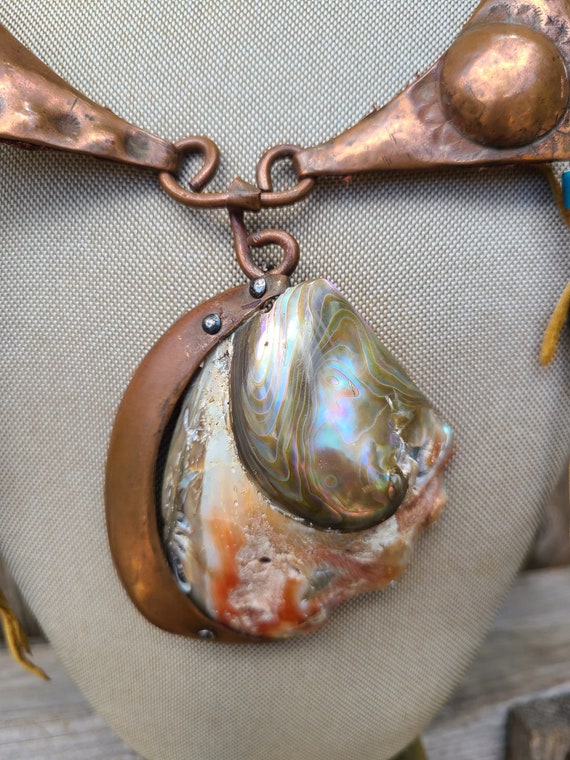 vintage large abalone shell tribal necklace cooper - Gem