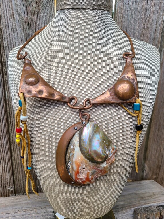 vintage large abalone shell tribal necklace cooper - Gem