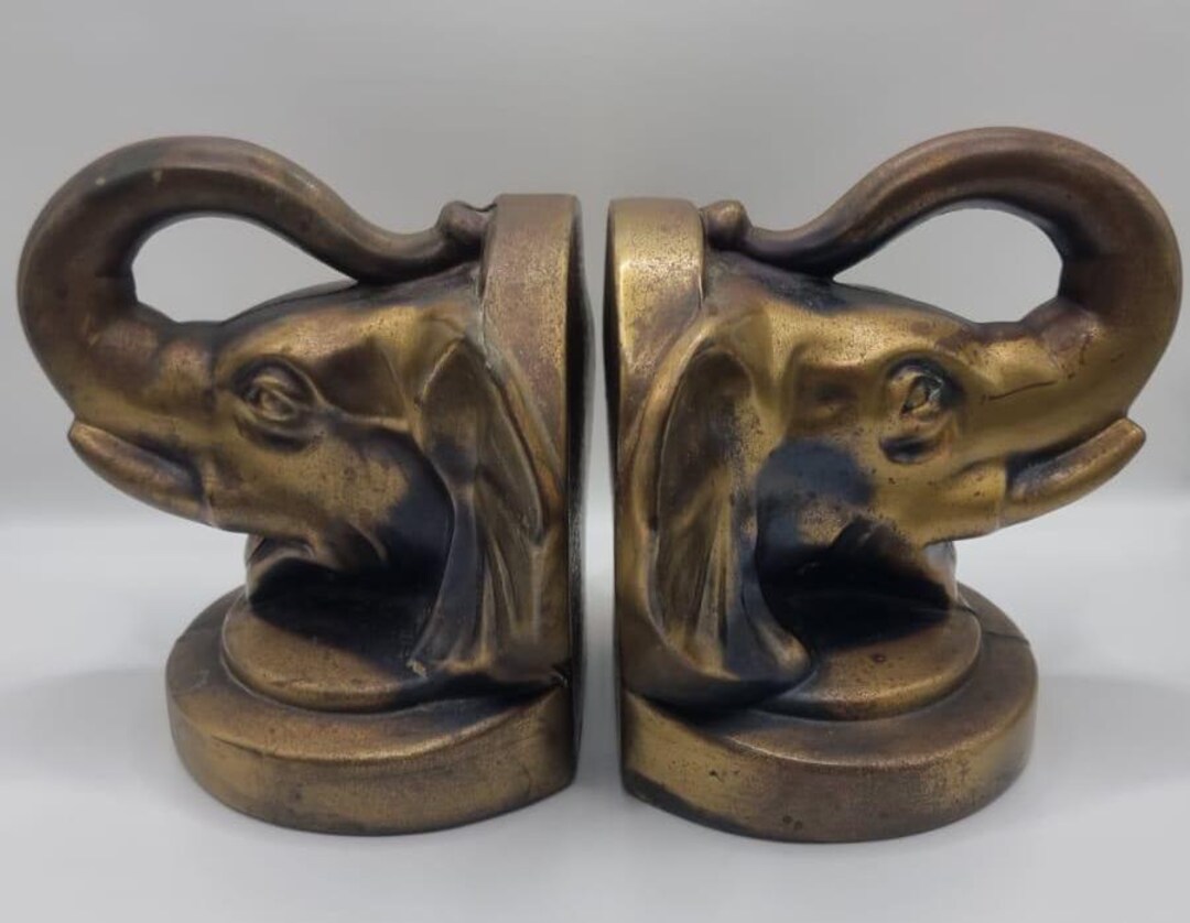 Vintage Set 2 Cast Metal Elephant Head Bookends Lucky Trunk - Etsy