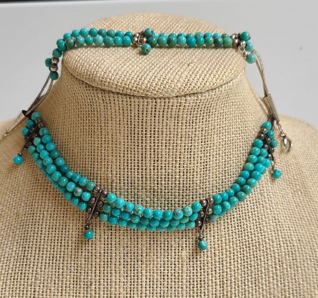 Vintage Navajo 3 Strand Turquoise Sterling Silver Necklace and Bracelet ...