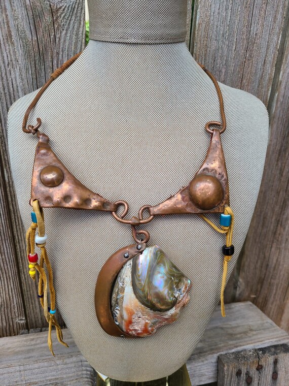 vintage large abalone shell tribal necklace cooper - Gem