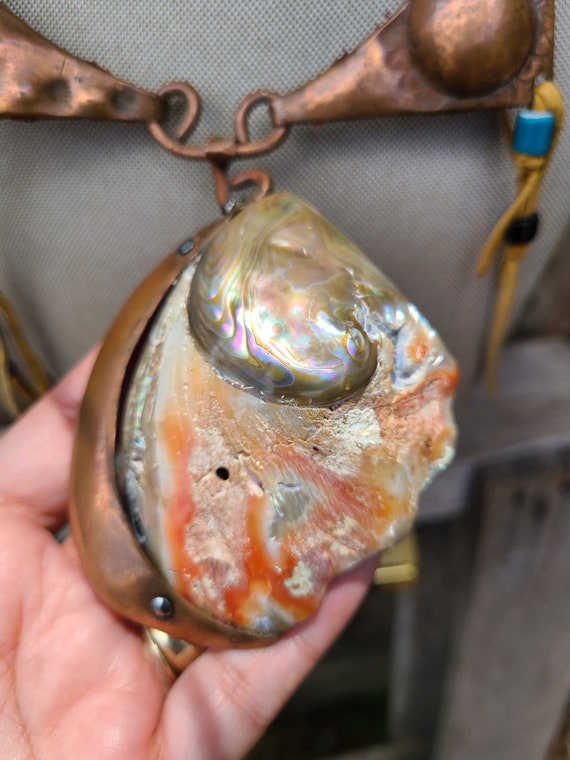 vintage large abalone shell tribal necklace cooper - Gem