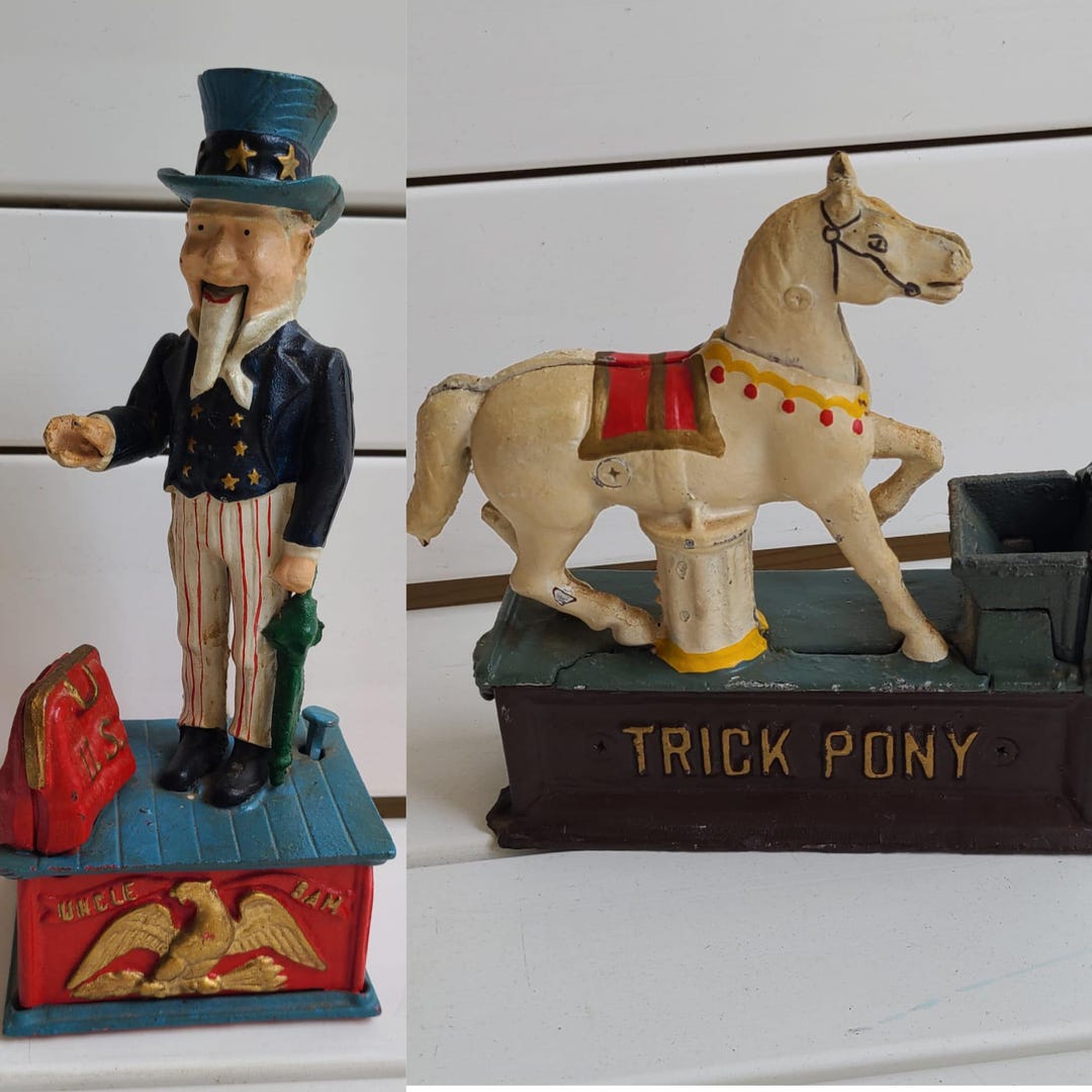 Vintage Reproduction Set of Uncle Sam Cast Iron Coin Bank and Pony - Etsy