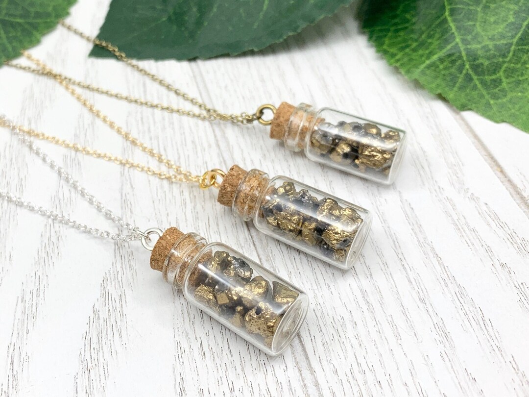 Pyrite Gemstone Bottle Necklace Fools Gold Vial Pendant Yellow ...