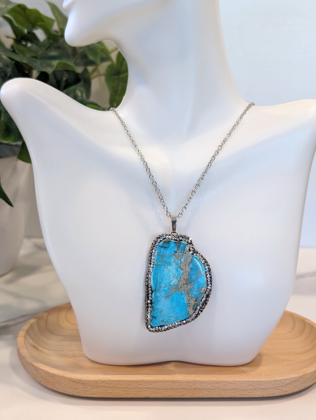Blue Imperial Jasper Stone Pendant Necklace With Rhinestones • Blue ...