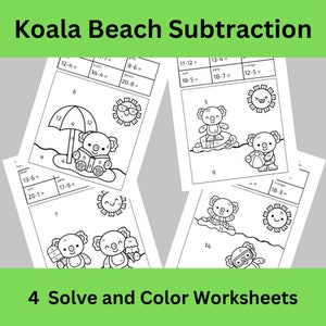 Summer Math Subtraction Worksheet, Koalas at the Beach, 4 Printable ...