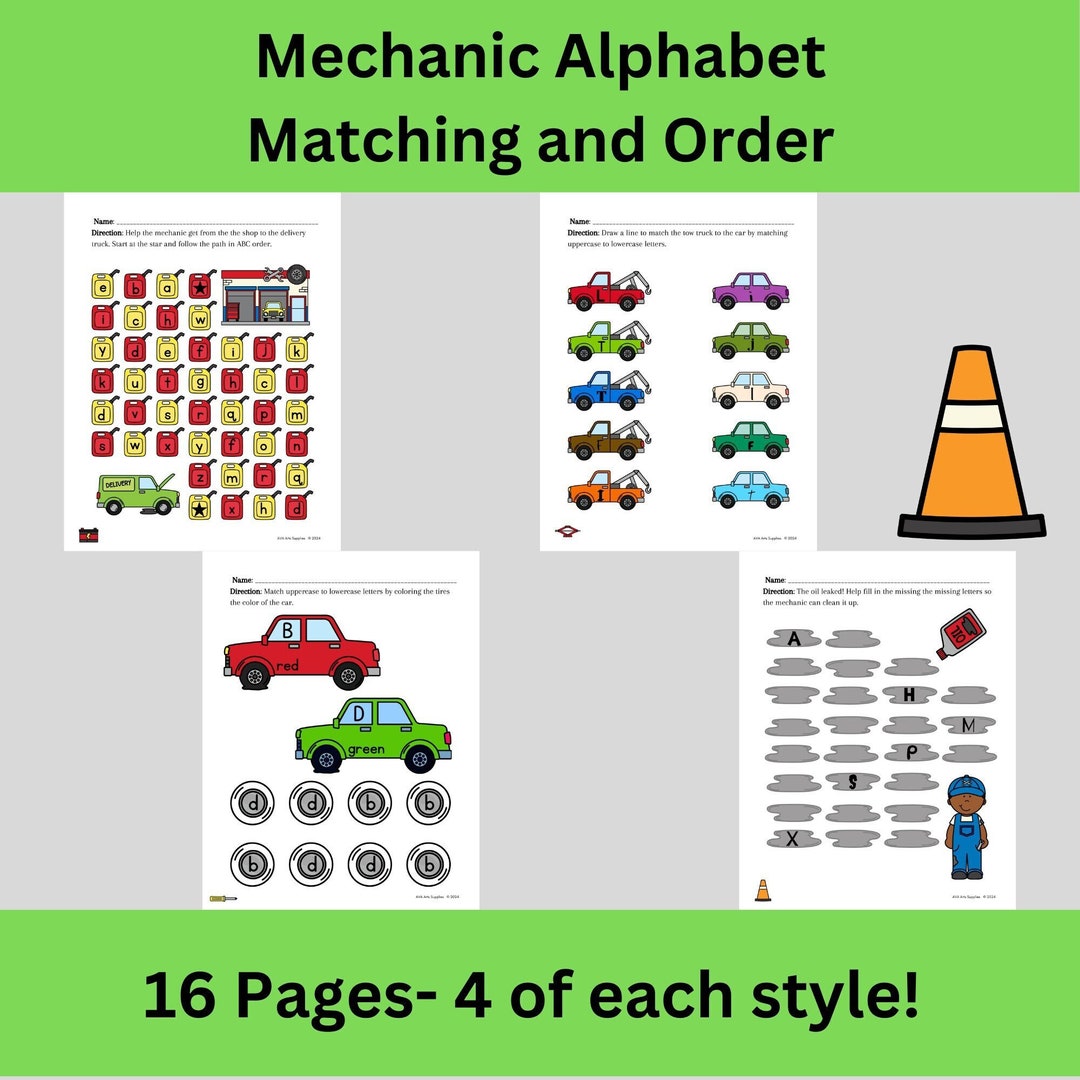 Alphabet Matching and ABC Order With Mechanics and Cars, Set of 16 ...